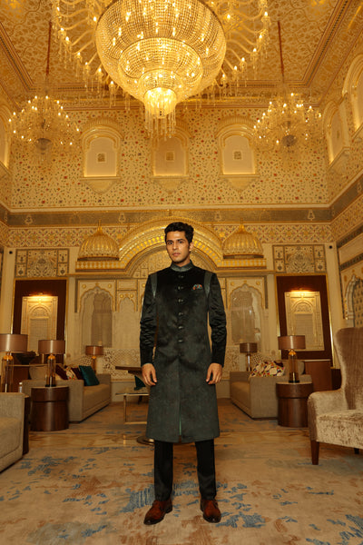 Green Multi Colour Printed Velvet Paisley Achkan - Sherwani Achkan ...