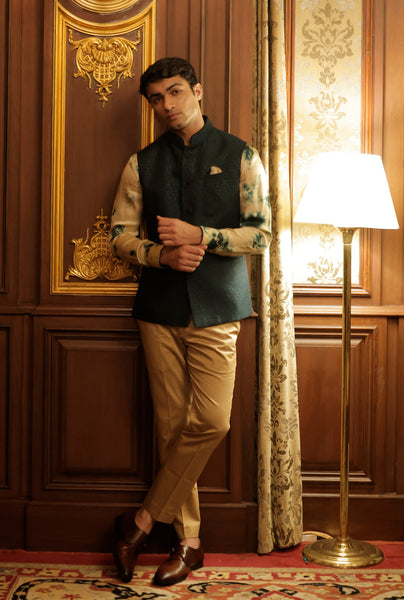Dark Green Aztec Embossed Half Jacket - Half Jacket | Rohit Kamra ...
