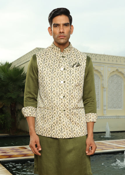 Cream Green Jaal Printed Linen Silk Half Jacket - Half jacket | Rohit ...